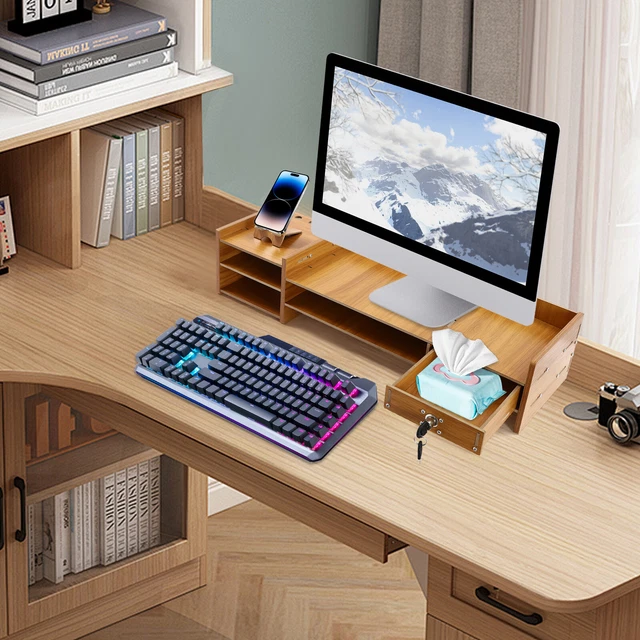 WOOD MONITOR STAND Riser Computer Desk Storage Shelf Organizer Holder ...