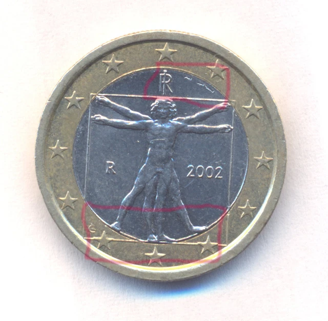 ITALY 2002 MISPRINTING 1 Euro coin, Vitruvian Man by Leonardo da Vinci ...