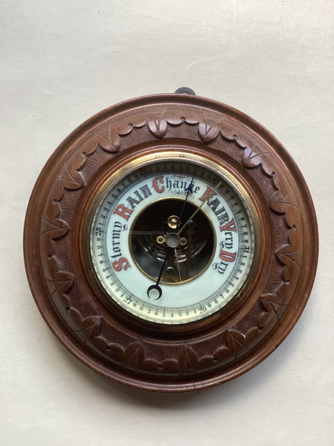 ANTIQUE ROUND WALL Barometer Turned & Carved Wood Surround £45.00 ...