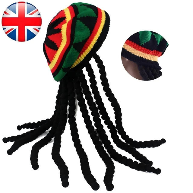 RASTA HAT WITH Hair Jamaican Dreadlocks Bob Marley Fancy Dress Reggae ...