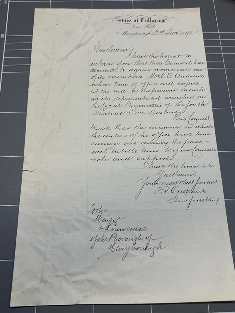ORIGINAL HANDWRITTEN LETTER Signed Alfred Outtrim 1897 Maryborough ...
