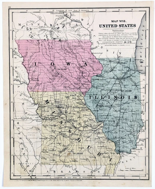 1853 IOWA ILLINOIS MISSOURI Map ORIGINAL Chicago St Louis RAILROADS ...