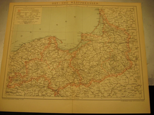 ANTIQUE MAP FROM circa 1882 map of East and West Prussia with city ...