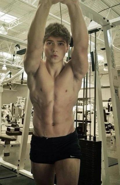 Shirtless Male Frat Guy Hunk Muscular Jock Working Out Weights Photo