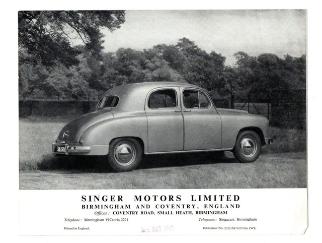 SINGER SM 1500 Saloon Car Brochure Original 1952 on £17.95 - PicClick UK