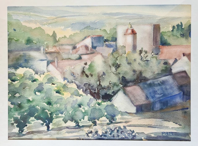 TABLEAU AQUARELLE PAYSAGE campagne vallonnée village signée PAM, encadrée 20ème. EUR 60,00 ...
