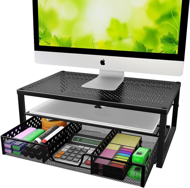 -METAL MONITOR STAND Riser and Computer Desk Organizer with Drawer for ...