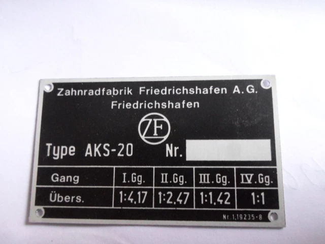 TYPENSCHILD ZF SCHILD ID-plate Getriebe AKS-20 Oldtimer Benz hanomag ...