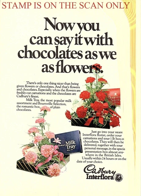 CADBURY INTERFLORA FLOWER & Chocolates Deliveries ADVERT; 1982 Print Ad ...