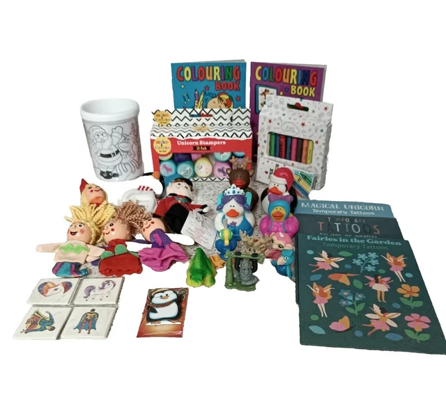 BOX OF NEW & Used Stocking Filler Toys Crayons, Tattoos, Stamps, Ducks ...