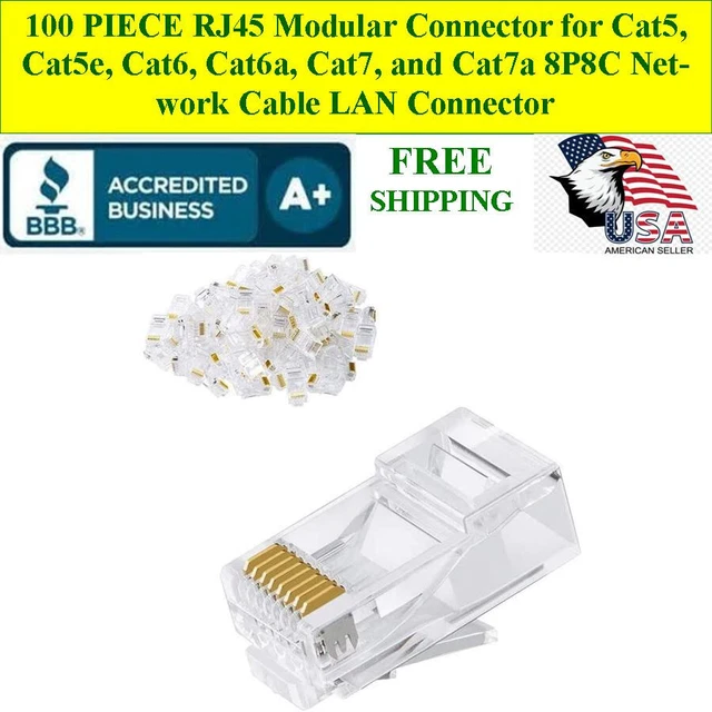 100 PACK RJ45 Modular Cat5, Cat5e, Cat6, Cat6a, Cat7, and Cat7a 8P8C ...