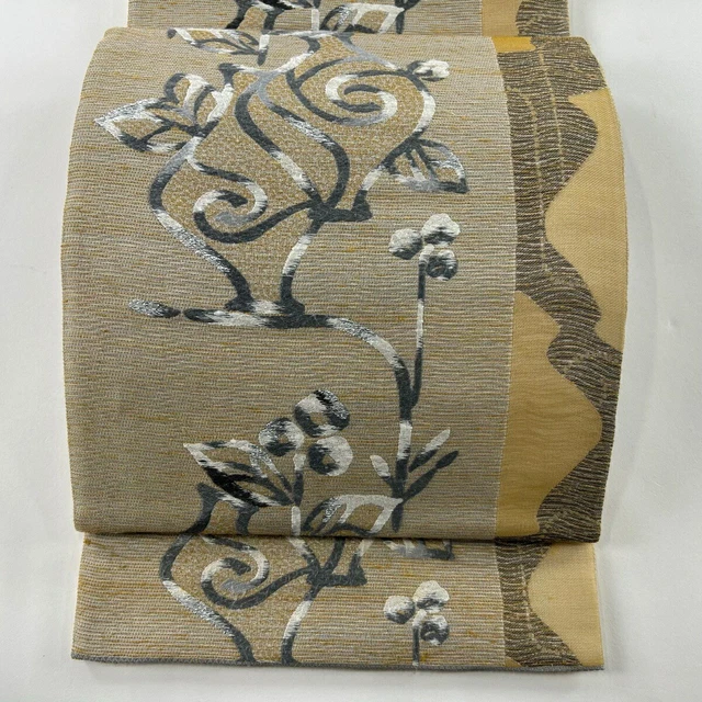 JAPANESE KIMONO FUKURO Kimono Obi Pongee Fabric Flower Arabesque ...