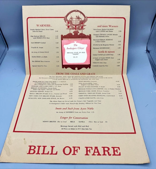 VINTAGE RESTAURANT MENU PENNYBRIDGE TAVERN Bill Of Fare Tarrytown, NY ...