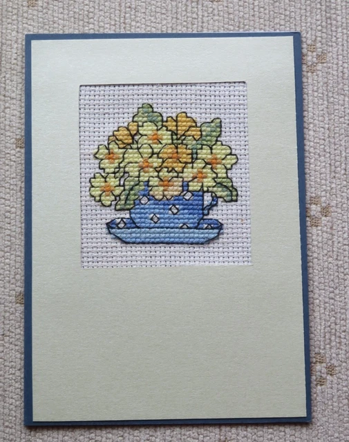 COMPLETED CROSS STITCH card- Flowers in tea cup. Approx 4" x 6". Blank ...