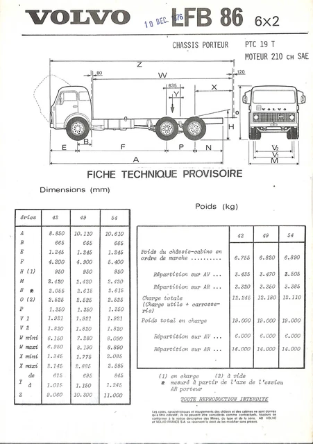 VOLVO / TECHNICAL SHEET / CHASSIS CARRIER LFB 86 of 12/76 £5.02 ...