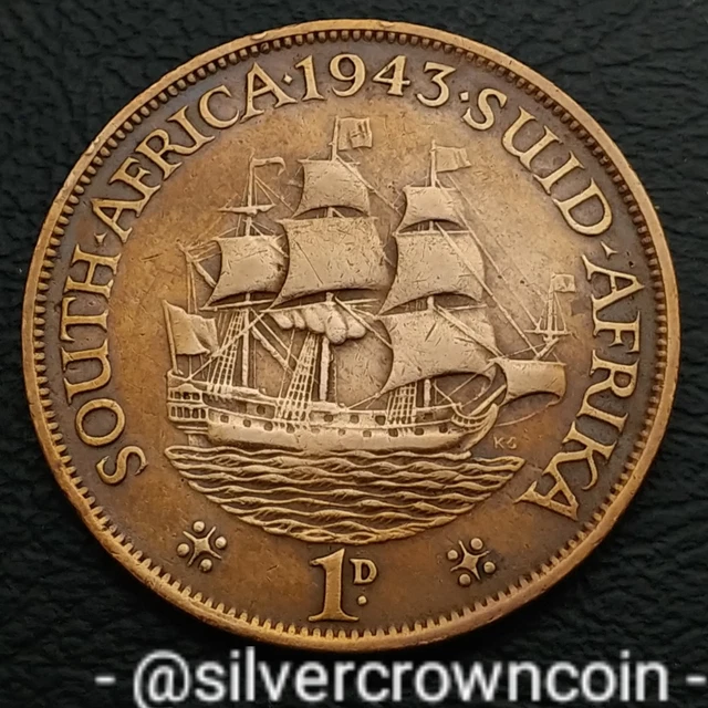 AFRICA SOUTH 🇬🇧 1 Penny 1943. KM#25. One Cent coin. Ship. King George ...