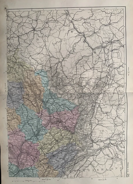 1891 NORTH EAST France Original Antique Hand Coloured Map by G.W. Bacon ...