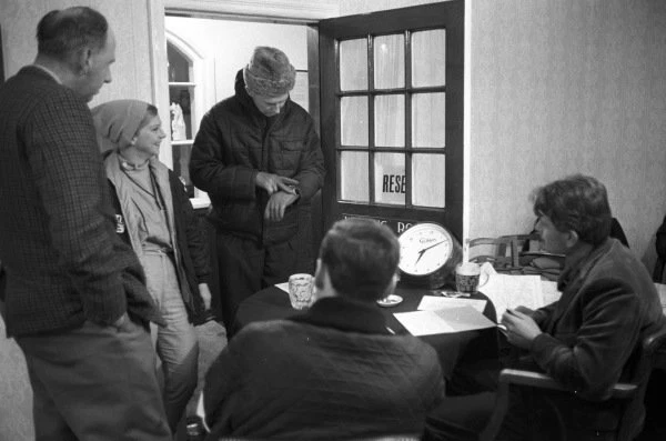 DONALD MORLEY AND Elisabeth Nystrom talk with other crews RAC Rally ...