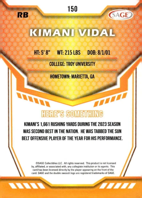 KIMANI VIDAL RC 2024 SAGE Hit High Series Base #150 ROOKIE NFL NCAA ID ...