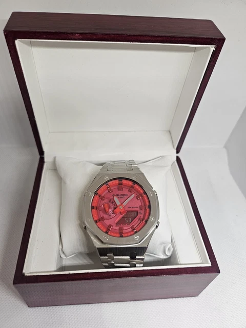 CASIO G-SHOCK SILVER and Red Dial Custom Casioak Mod - Metal Royal Oak ...