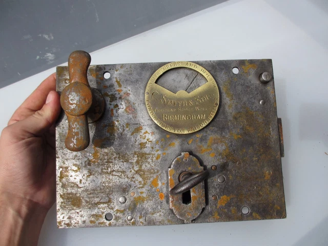 VICTORIAN IRON PRISON Cell Door Lock Original Key Antique Old Brass ...