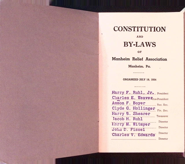 MANHEIM RELIEF ASSOCIATION Manheim PA Constitution and By Laws 1934 ...