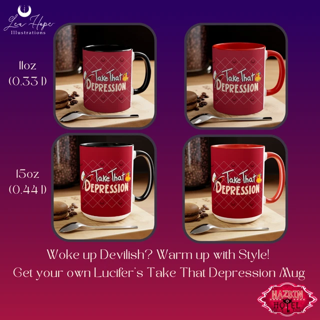 TAKE THAT DEPRESSION Mug, Hazbin Hotel, Lucifer, Coloured Handle 11 ...