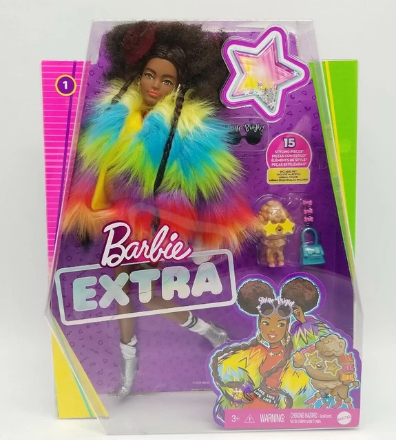 BARBIE EXTRA DOLL African American Furry Rainbow Coat Pet Poodle ...