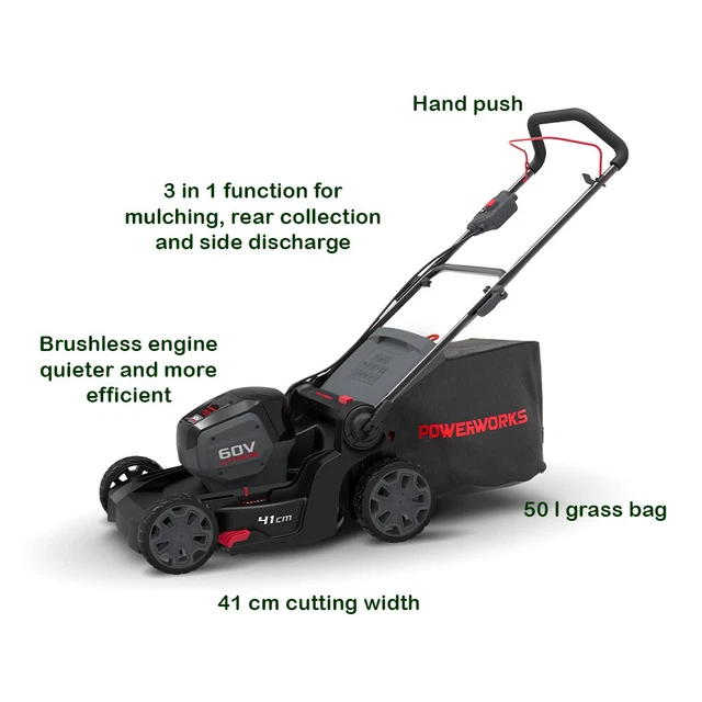 POWERWORKS 60V 41CM Push Lawn Mower with 2ah Battery & charger ...
