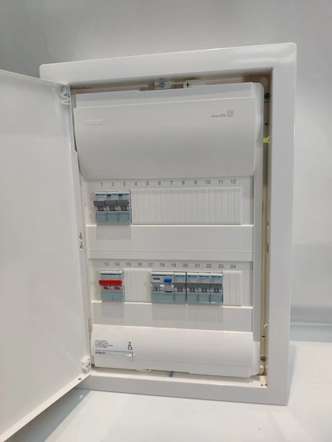 HAGER CONSUMER UNIT Volta VF8101 24 way 2 row, 1 RCD, 2 RCBO, 63A, IP30 ...