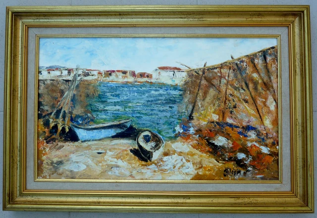 TABLEAU HUILE SUR toile signé illisible, paysage fauve rivière pont barques EUR 85,00 - PicClick FR