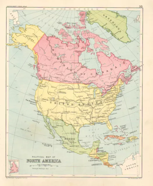 1891 VICTORIAN MAP Political North America Canada United States Mexico ...