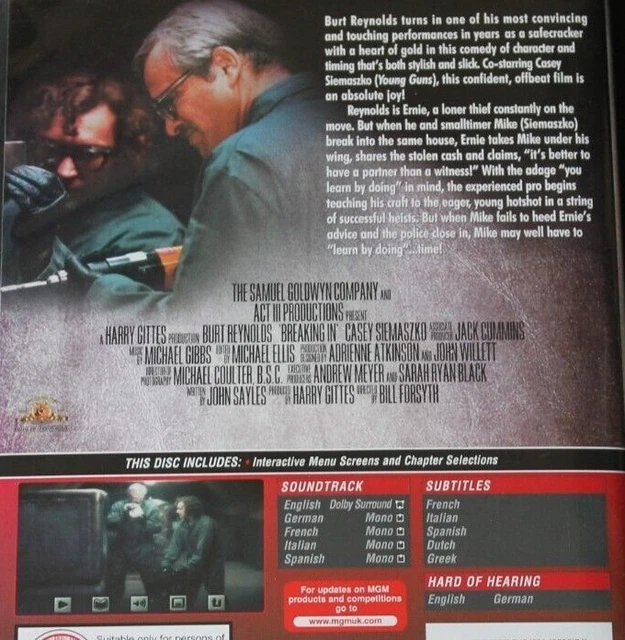 BREAKING IN DVD Burt Reynolds 80S Retro Film Movie Dir. Bill Forsyth UK ...