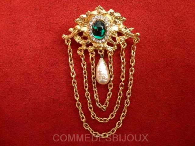BROCHE &ROYALE& DORÉE Vert Triple Chaînette Goutte Nacre - Bijoux pur ...