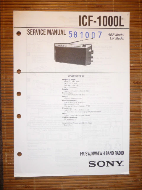 SERVICE MANUELLE POUR sony ICF-1000L Récepteur, Original EUR 17,07 ...