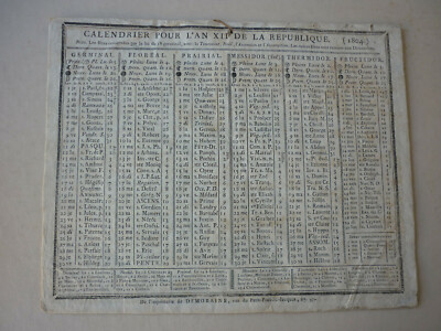 CALENDRIER POUR L ANNEE DOUZE DE LA REPUBLIQUE ( 1803 1804 ) 26,5 x 21 ...