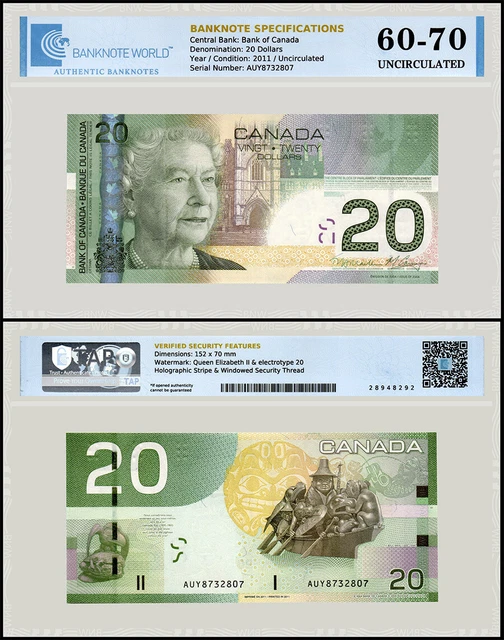 CANADA 20 DOLLARS, 2011, P-103h, UNC, Authenticated Banknote £114.02 ...