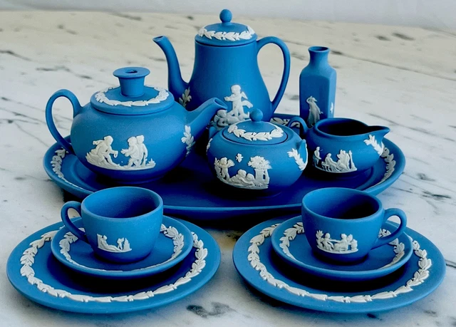 ROYAL WEDGWOOD MINIATURE blue jasperware Tea Set 12, Fine China. Made ...