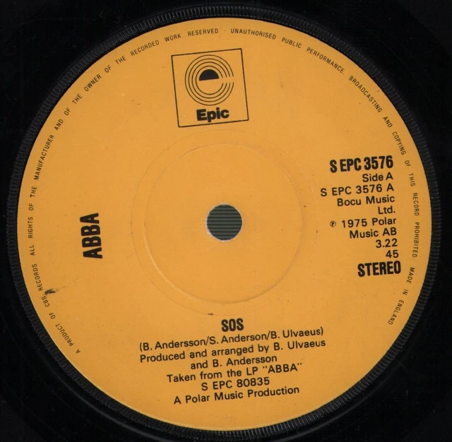 ABBA SOS 7& VINYL solid centre label (SEPC3576) UK EPIC 1975 EUR 7,34 ...