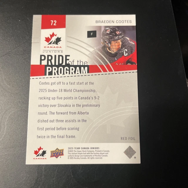 2025 🔥BRAEDEN COOTES🔥 Team Canada Juniors Pride Of The Program #72 Red ...