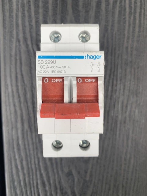HAGER MAIN SWITCH 100 Amp Disconnector 100A Double Pole Isolator SB299U ...