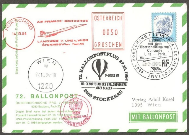 (AOP) AUSTRIA 1984 Balloon Post card with illustrated Air France ...