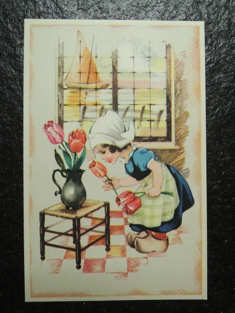 ANCIENNE CARTE POSTALE, fille en costume hollandais et tulipes ...