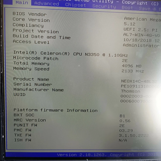 THOMSON NEOX14C-4BL32 CARTE mère INTEL CELERON N3350 1.10GHZ EUR 34,90 ...