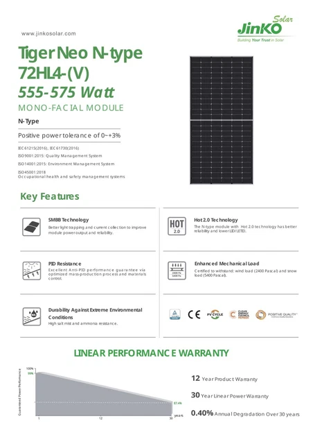 JINKO TIGER NEO N-type 72HL4-(V) 555-575 Watt Solar Panels Individual ...