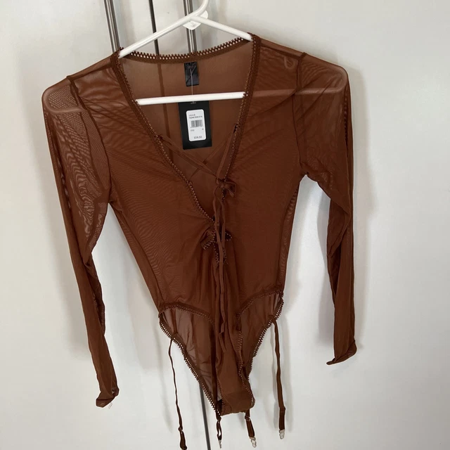 FREDERICK'S OF HOLLYWOOD Lola Lee Sheer Mesh Long Sleeve Teddy Brown size Medium £25.60 ...