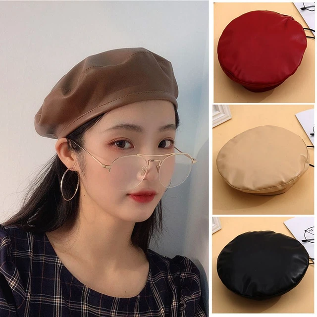 FEMALE LADIES BERET Cap French Artist Hat Adjustable Hat PU Leather ...