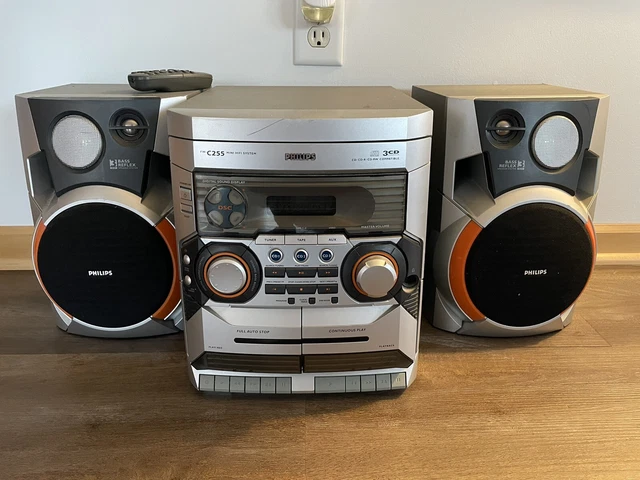 PHILIPS FW-C255 3-CD Mini Hi-Fi Bookshelf Receiver W Speakers & Remote ...