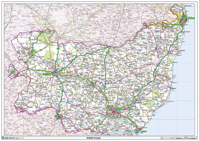 SUFFOLK CEREMONIAL COUNTY Map - County Map of Suffolk £24.50 - PicClick UK