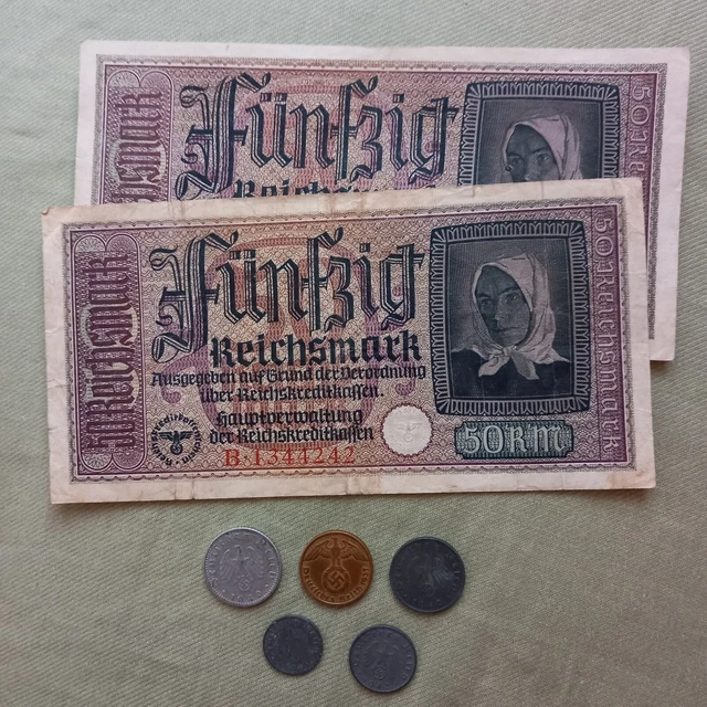 GERMAN WW2 PERIOD 50 Reichsmarks bank notes & period coins £26.72 ...